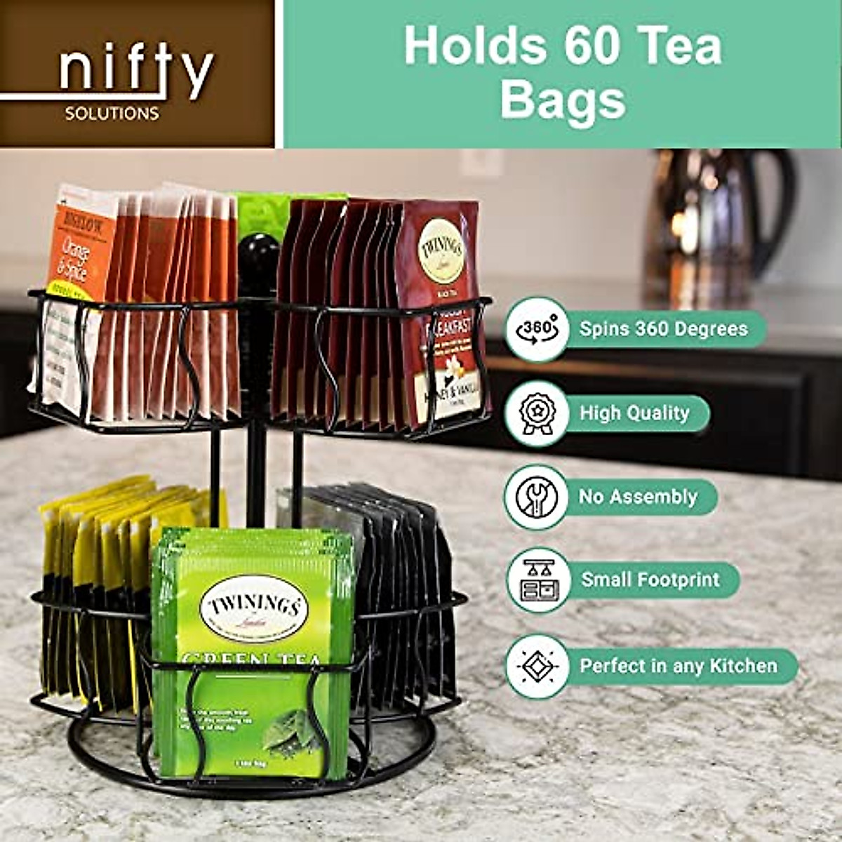 Nifty Tea Bag Spinning Carousel – 6 Compartments, Up to 60 Tea Bags Storage, Spins 360-Degrees, Lazy Susan Platform, Modern Black Design, Home or Office Kitchen Counter Organizer