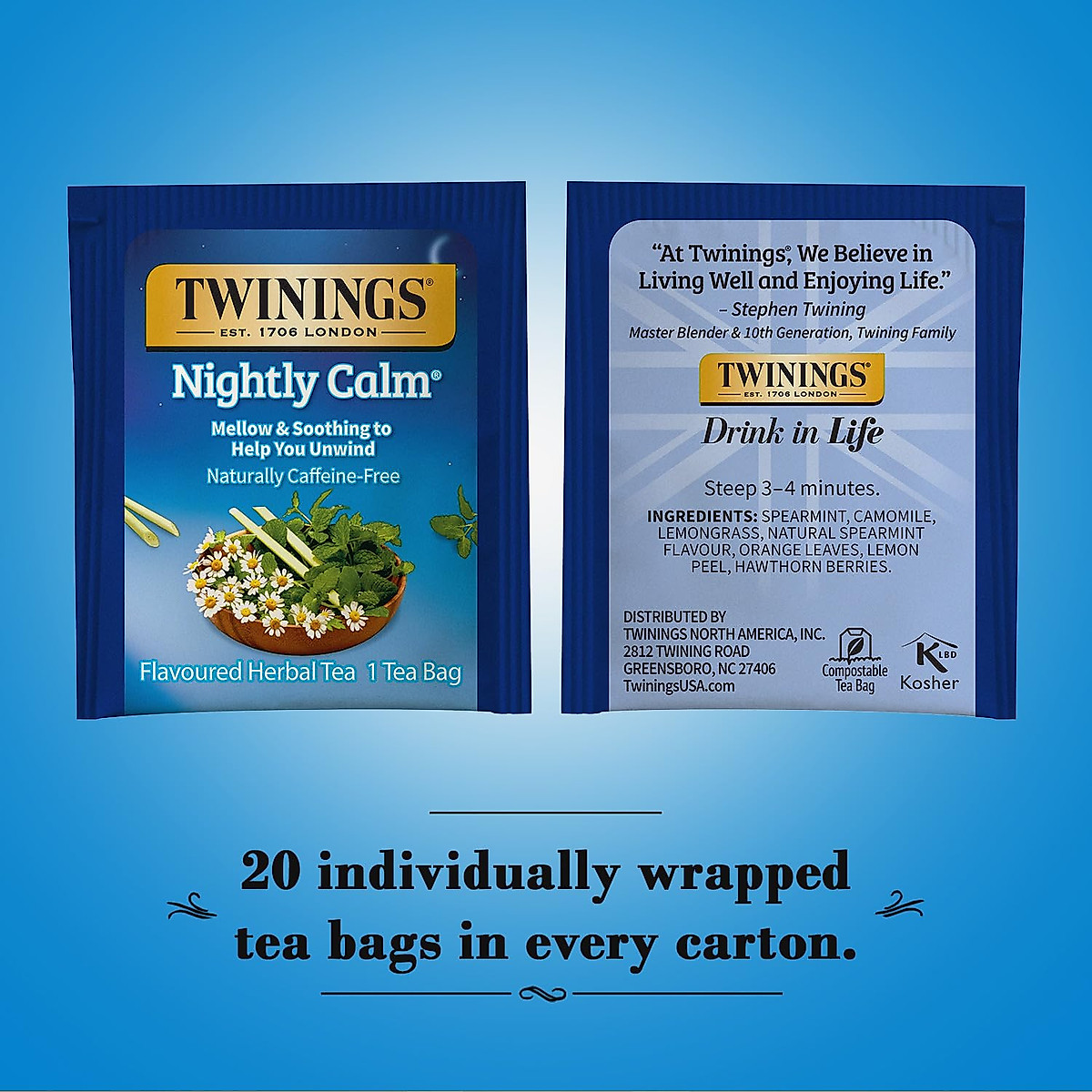 Twinings Nightly Calm Tea - Individually Wrapped Caffeine Free and Herbal Tea Bags, Sleep Tea with Calming Camomile, Spearmint and Lemongrass, Bedtime Tea, 20 Count (Pack of 2)