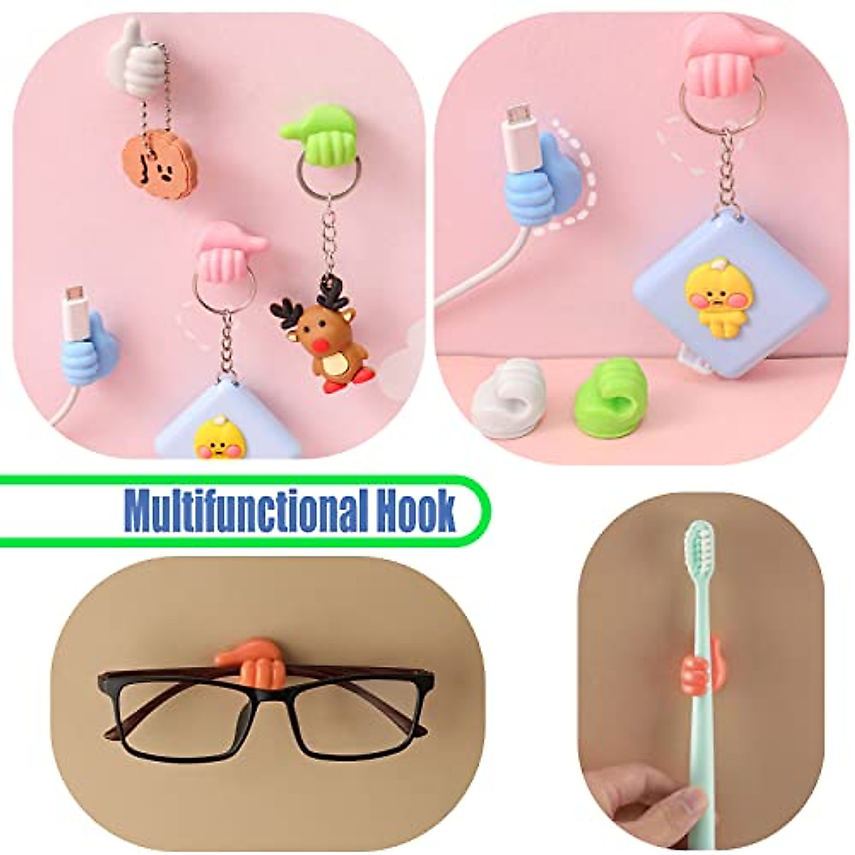 Thumb Hooks for Hanging, 15pcs Self Adhesive Thumb Cable Organizer Clips No Punching Key Hook Holder Wall Hangers, Multifunctional Nails-Free Utility Silicone Hooks Desk Wire Management Storage