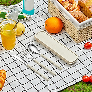 ArderLive 3 PCS Outdoor Flatware Set with Case, Fork Spoon Knife/Travel Set for Travel, Lunch Box and Camping, Christmas gifts Beige