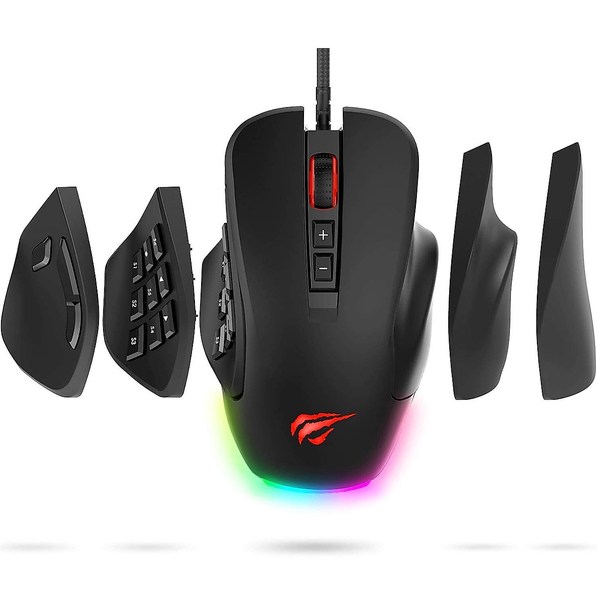 Havit Gaming Mouse Computer Ergonomic Wired Mice with 14 Programmable Buttons Interchangeable Side Plates (8 Buttons/ 8+6 Side Buttons), 2 Replaceable Right Plates for Laptop PC Gamer (Renewed)