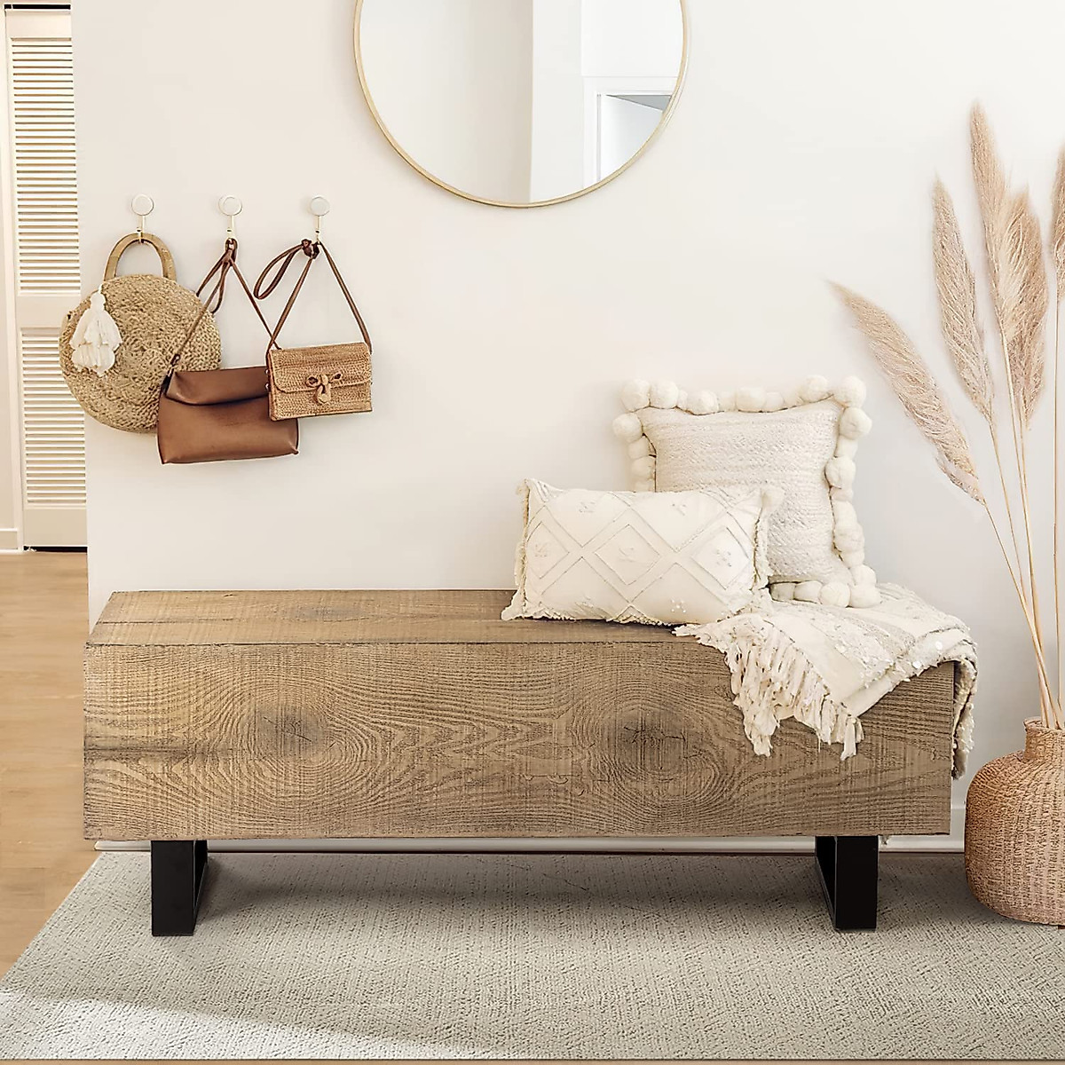 COSIEST Patio Log Bench, 48.4 x 11.8” Outdoor Bench, Rectangular MgO Garden Bench, Rustic Bench for Yard or Lawn, Light Oak