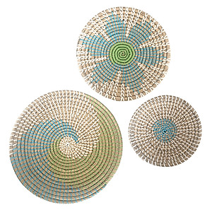 GoGift Wall Basket Decor - Wicker Coastal For Home Baskets Hanging Woven Boho Beach Rattan Seagrass Set of 3 Beige Teal Blue and Light Green