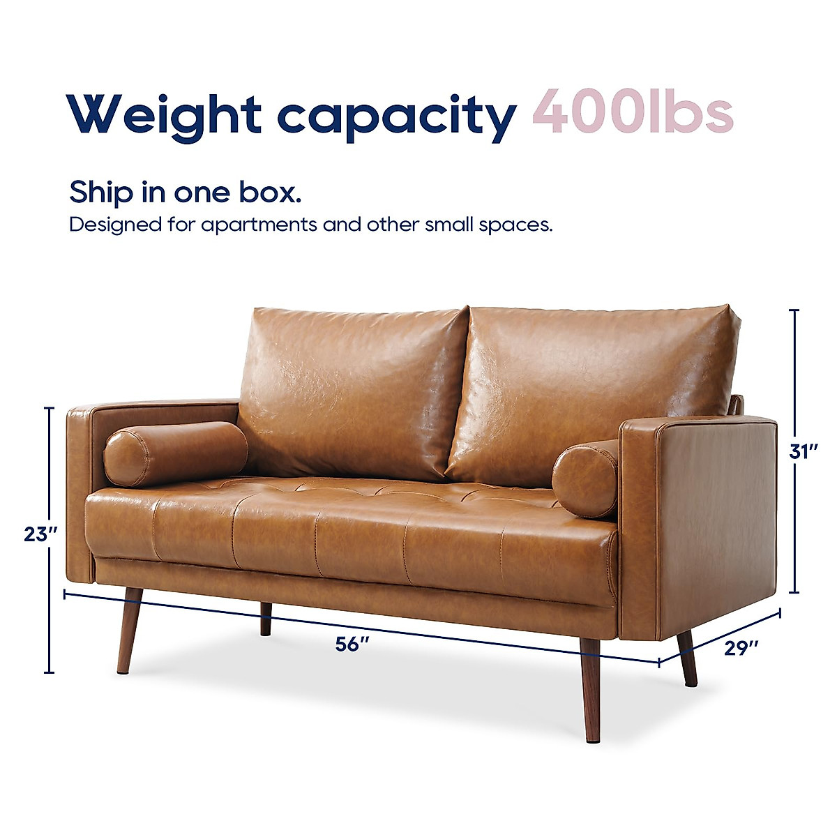 Vonanda Nora 73" Couch and 56" loveseat, Mid-Century Modern Faux Leather 2-Piece Sofa Couches with Comfort Waffle Cushion and Bolster Pillows for Small Apartment, Cognac Tan