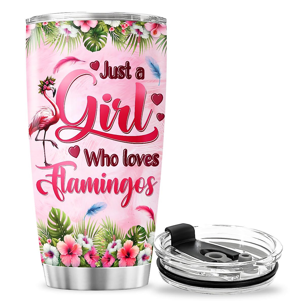 Tumblers Handle Steel Flower Hot Coffee Stainless Floral Insulated, Flamingo Gifts, Tumbler 20 Oz With Lid And Straw, Flamingo Just A Girl