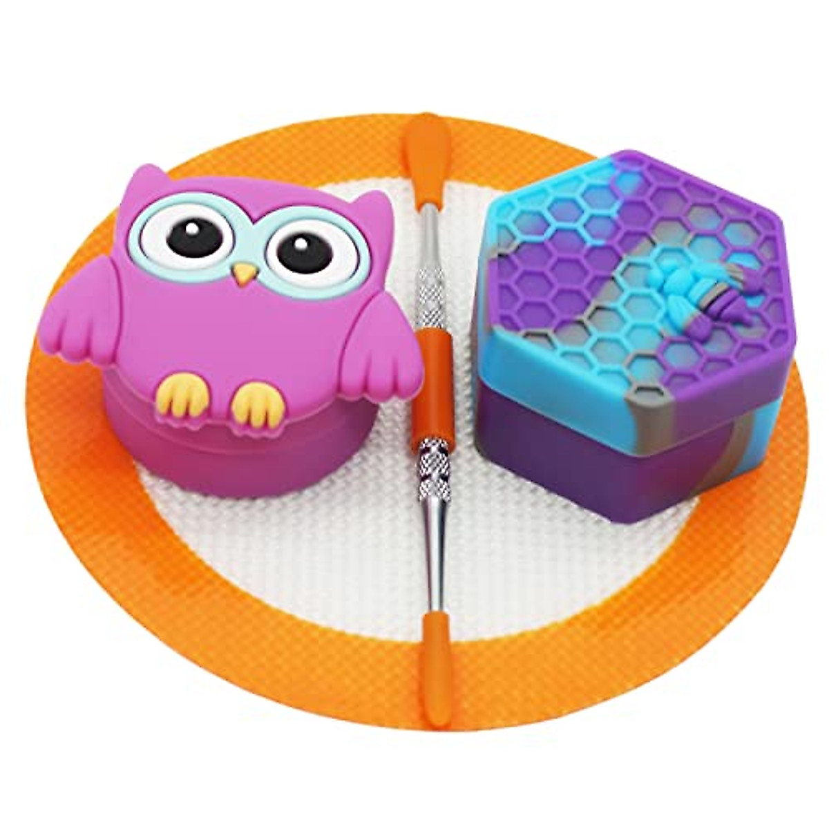 Vitakiwi Wax Silicone Container 26ml Hexagon 11ml Owl with 4.98" Round Mat and 4.8" Stainless Steel Carving Tool (Purple)