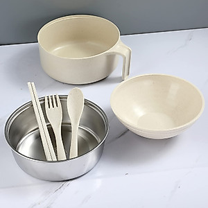 gfhfjheg Ramen Cooker Bowls set, Premium 304 Stainless Steel Liner Microwave Pasta Noodle Bowl kit Included Chopsticks spoon Fork Home College Dorm Room Essentials for Girls Boys, BPA Free, Off-White