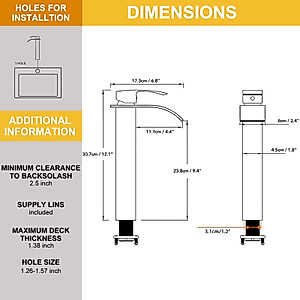 BESy Black Waterfall Spout Bathroom Faucet, Tall Single Handle Bathroom Vessel Sink Faucet, Rv Lavatory Vessel Faucet Basin Mixer Tap, Stainless Steel/Matte Black