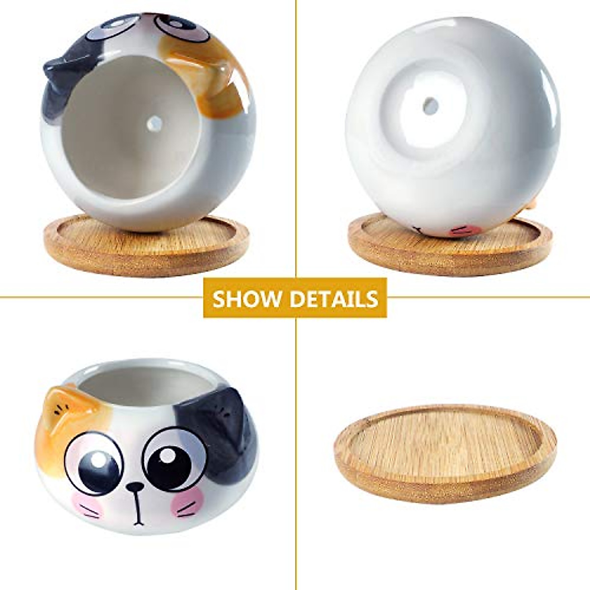 YINUOWEI Succulent Pots with Drainage 3.6 Inch Mini Cat Pots for Plants Tiny Animal Planter Small Ceramic Air Plant Flower Pots Cactus Faux Planters Containers with Bamboo Tray