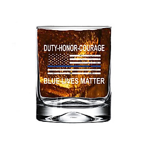 Rogue River Tactical Thin Blue Line Honor Duty Courage Old Fashioned Whiskey Glass Gift For Police Officer Law Enforcement