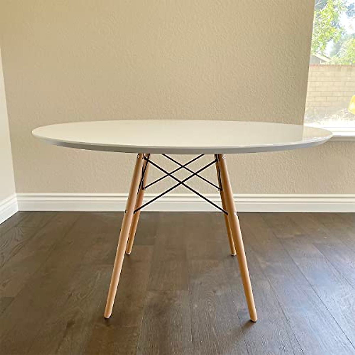 ModMade Mid Century Modern Paris Tower Round Dining Wood Leg and top Table, 47", White/Natural