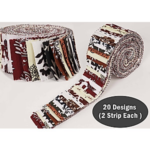 Soimoi 40Pcs Asian Block Print Cotton Precut Fabrics for Quilting Craft Strips 2.5x42inches Jelly Roll - Maroon, White, Pale Yellow, Brown