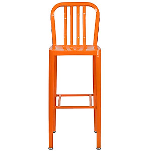 EMMA + OLIVER Commercial Grade 30" H Orange Metal Indoor-Outdoor Barstool with Slat Back