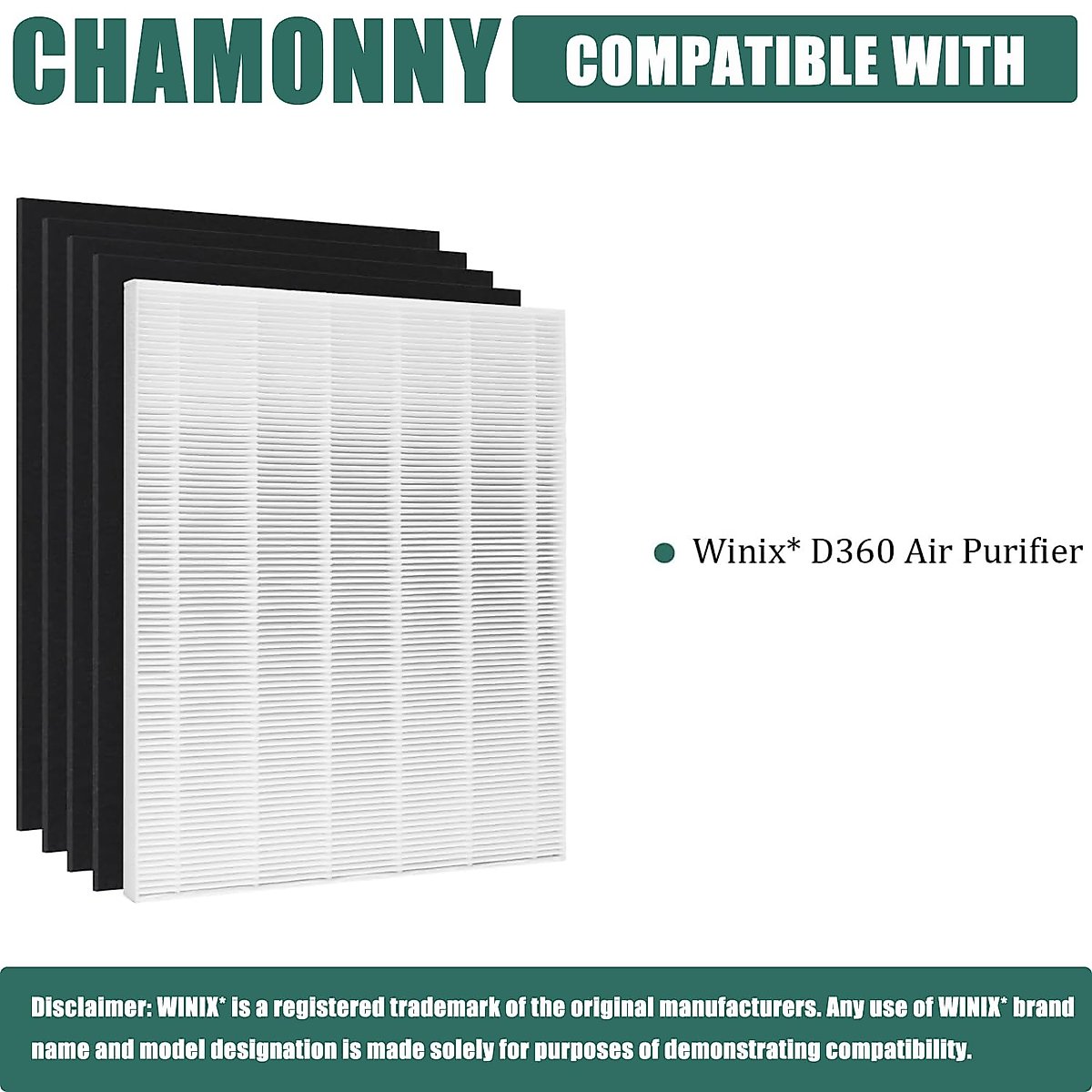 CHAMONNY D360 True HEPA Replacement Filter D3, Compatible with Winix D360 Air Purifier, Compare to Winix D3 Filter, Item Number 1712-0101-02,1 H13 True HEPA Filters + 4 Activated Carbon Pre-Filters