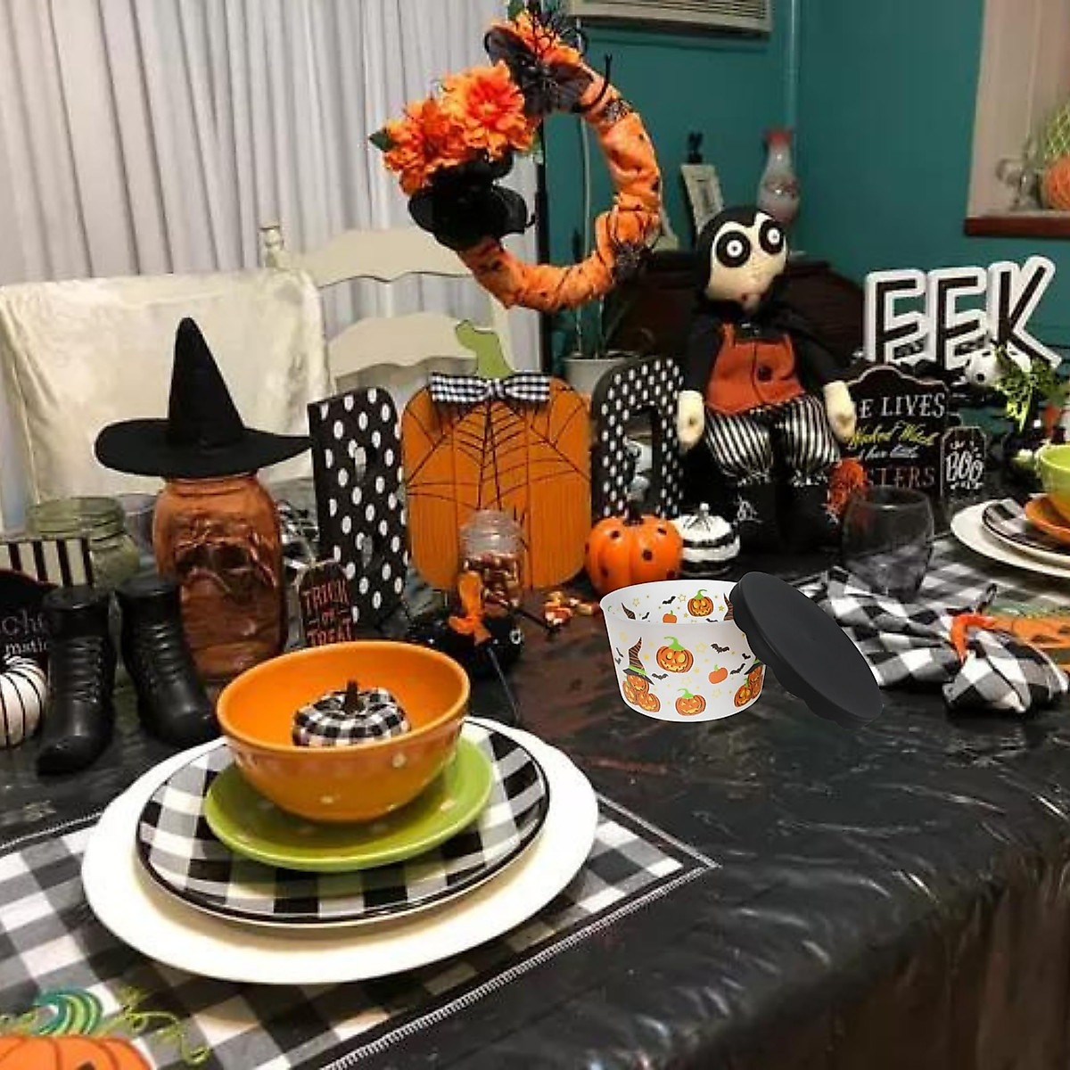 RE8TIESS Halloween-Themed Containers with Lids, 8x4.625 Inches Storage Containers for Trick or Treat Candies Cookies Food Crafts Nic-Knacks Baked Goodies Condiments Pack of 4 with Bonus Ruthjla