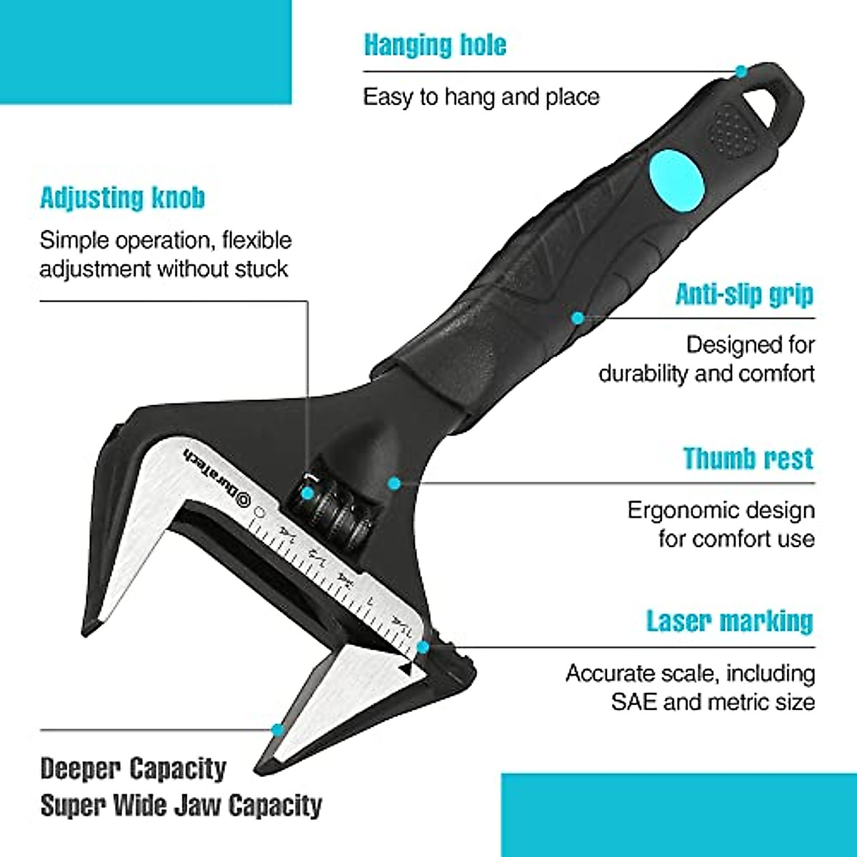 DURATECH 8-Inch Adjustable Wrench, Wide Jaw Opening Black Oxide Finish Plumbing Wrench, CR-V Steel, SAE and Metric Scale Marked, Ergonomic Grip