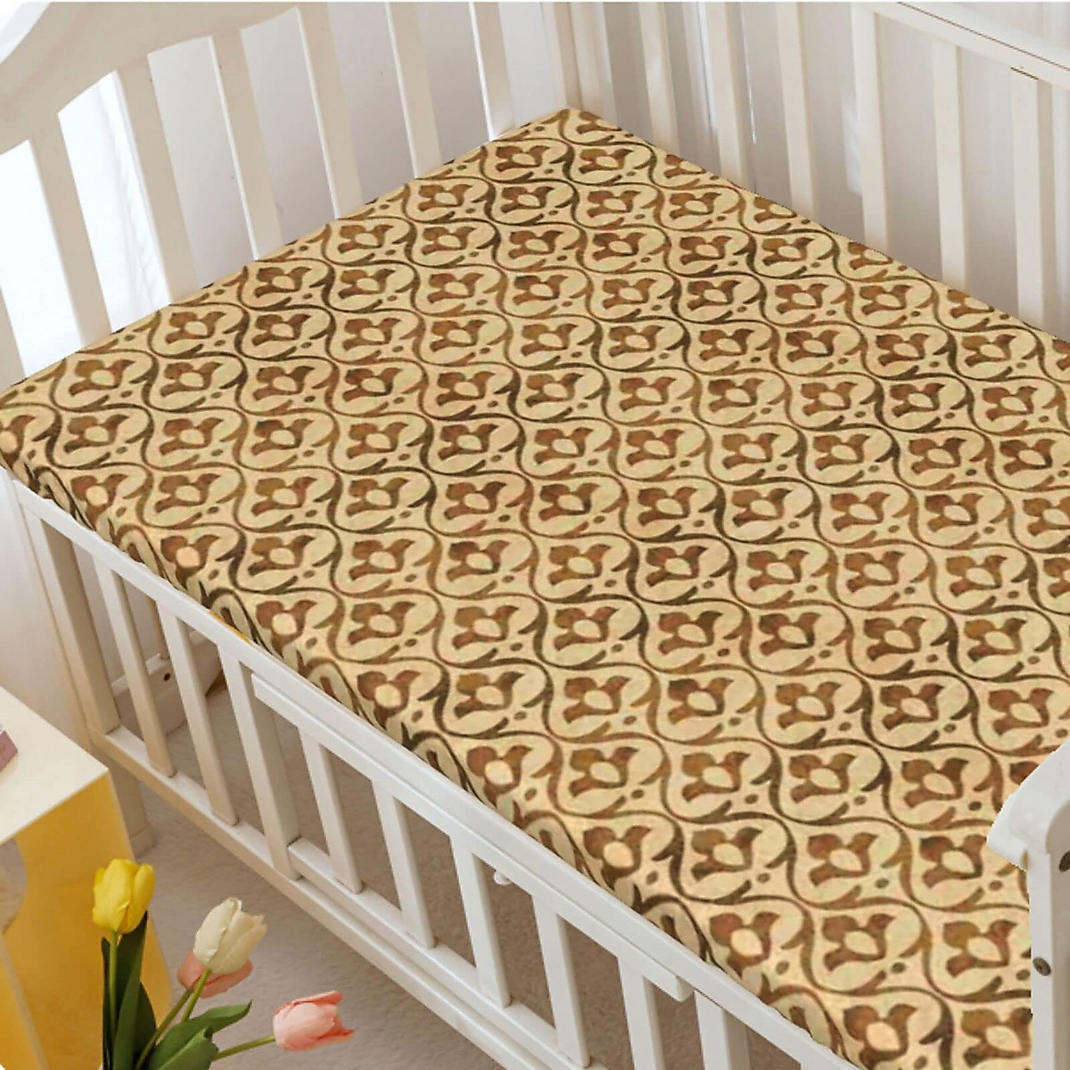 Retro Themed Fitted Crib Sheet,Standard Crib Mattress Fitted Sheet Toddler Bed Mattress Sheets-Crib Mattress Sheet or Toddler Bed Sheet,28“ x52“,Caramel Tan