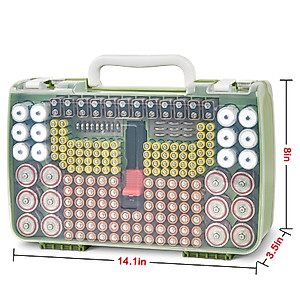 Battery Organizer Storage Holder Case with Double-Sided, Garage Box with Tester Checker. Batteries Container for 269pcs AA AAA AAAA 3A 4A 9V C D Lithium 4LR44 CR2 CR123A CR1632 CR2032 18650 -Green