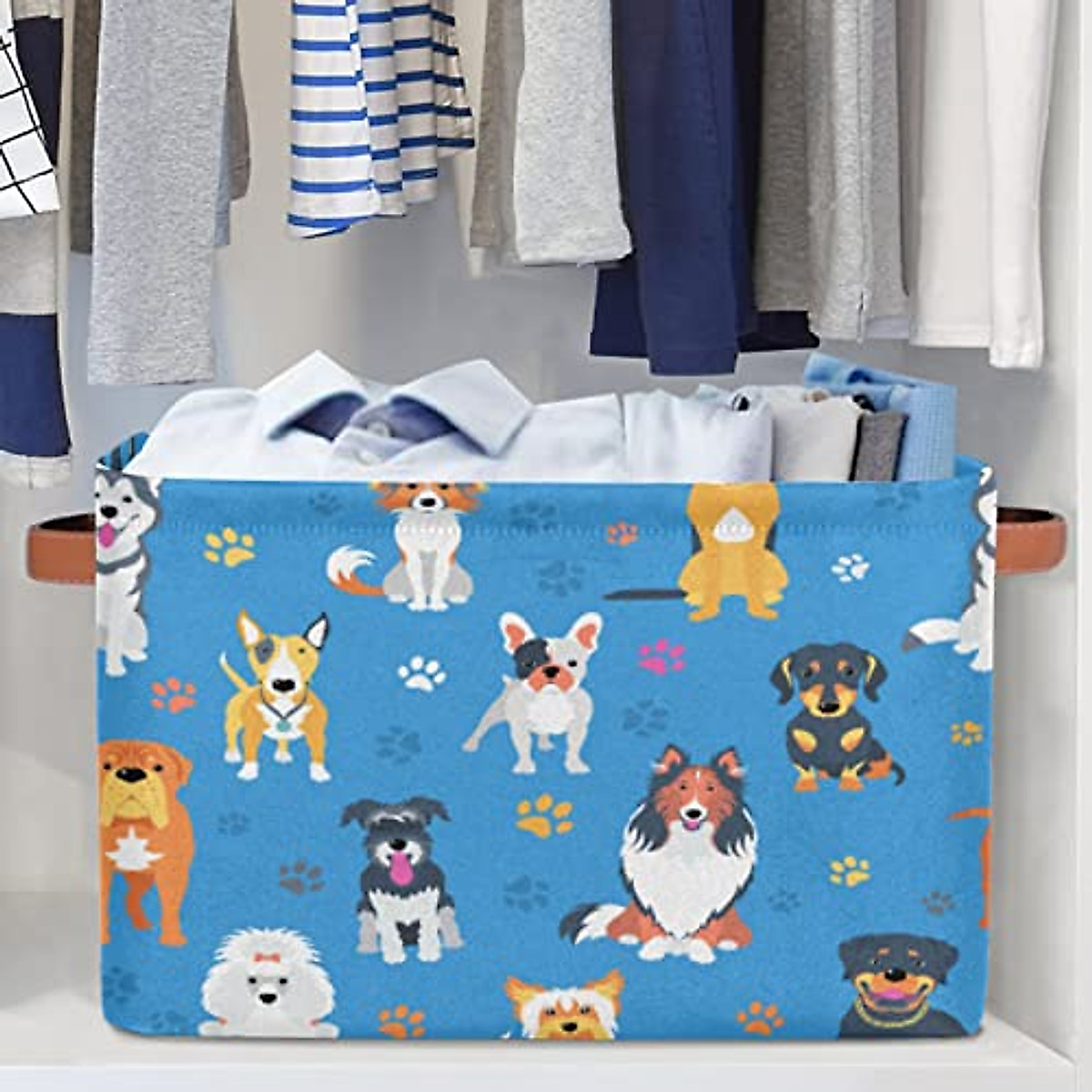 Pardick Animal Dog Breed Paw Storage Basket Storage Cube Bins Cute Puppy Print Canvas Collapsible Toy Basket Organizer Waterproof Laundry Box with Handle for Shelf Closet Office Bedroom, 2PCS