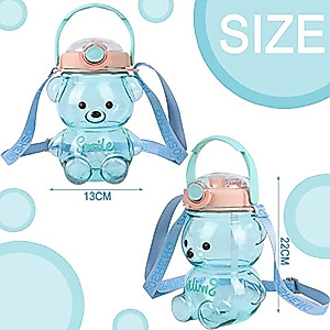 Kawaii Bear Straw Bottle，Large capacity bear water bottle with Strap and Straw , Cute Portable Bear shaped water Bottle Adjustable Removable Strap for outdoor and school activities(blue)
