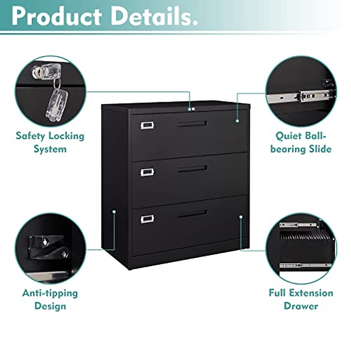 MIIIKO Lateral File Cabinet 3 Drawer, Metal Filing Cabinet with Lock for Home Office, Large Storage File Organizer for Hanging File Folders,Easy Assemble