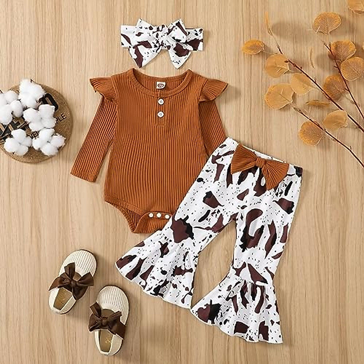 JOIMOCY Baby Girl Clothes 12-18 months Ribbed Ruffled Romper+Leopard Flared Pants Infant Fall Winter Outifts, Brown Girls Clothing 12-18M/100cm