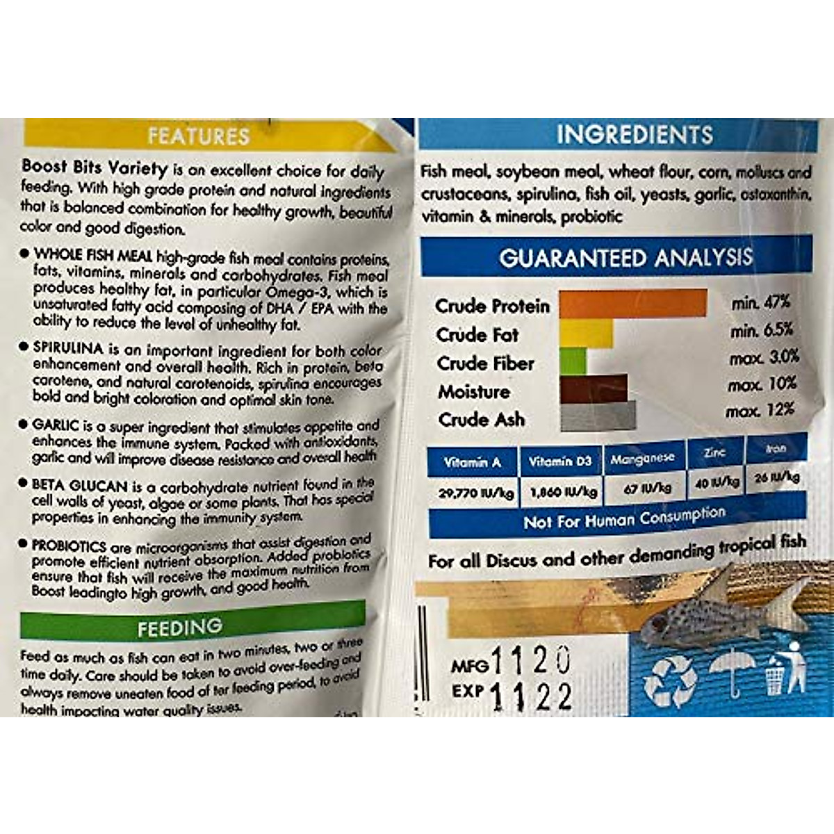 A.D.P. Fish Booster Bits Variety All Discus & Tropical Fish Food Mini Slow Sinking Pellets Grow Faster & Color Enhancing High Protein 47% for Goldfish & Aquarium Tropical Fish 60 g. Small Fish Feed