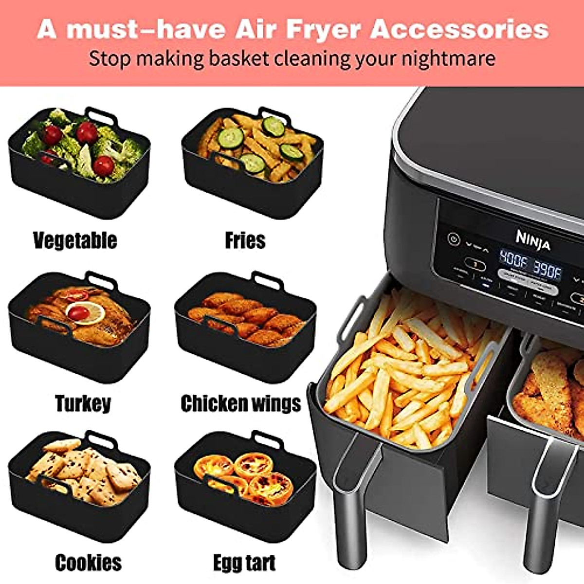 Silicone Air Fryer Liners for Ninja Dual Air Fryer, Reusable Air Fryer Silicone Liner for Ninja Air Fryer Accessories, Air Fryer Basket Airfryer Liners for Ninja Dual Foodi DZ201/DZ401 (black x 2)