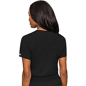 Med Couture Women's V-Neck Scrub Top, Modern Fit Tuck-in Top with Stretchy Rib-Knit Shoulders and Chest Pocket - MC7448, Black, Small