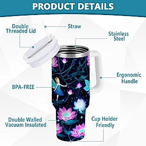ODAWA 40oz Travel Insulated Tumblers with Handle and Straw, Flowers Night Double Wall Insulated Tumbler