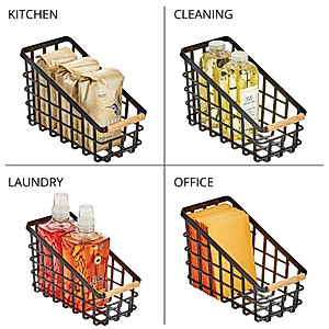 mDesign Slim Slanted Metal Wire Kitchen Storage Basket Bin Organizer with Wood Handle for Pantry, Cabinet, Cupboard, or Countertop Organization - Yami Collection - Matte Black/Natural