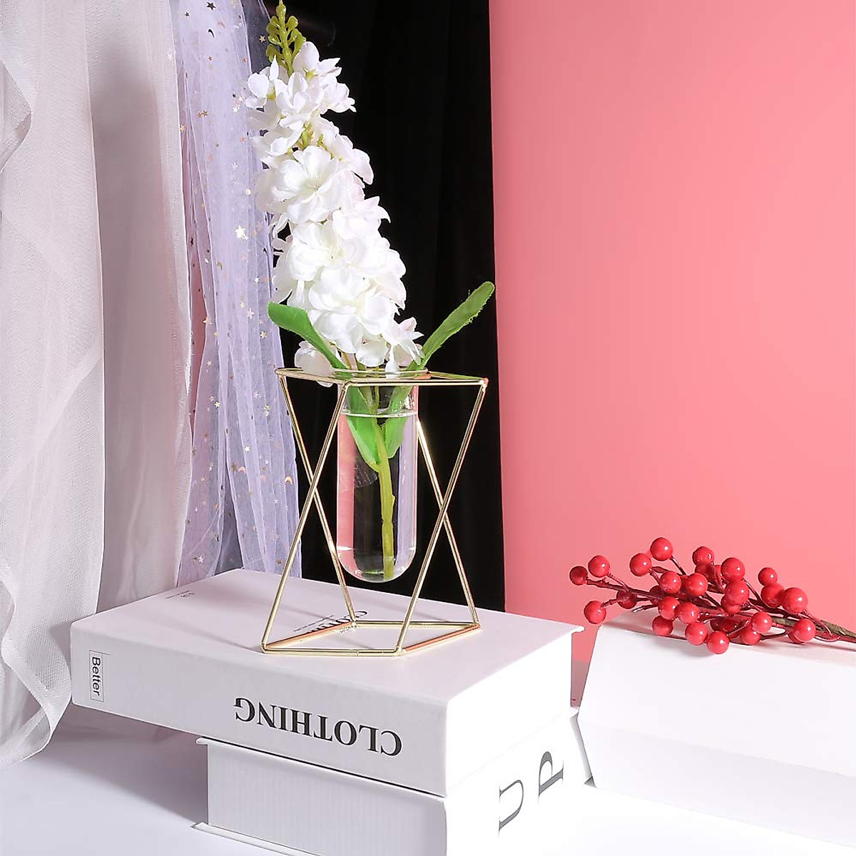 Aoderun Glass Flower Vase with Metal Stand Modern Geometry Desktop Glass Planter Indoor Hydroponics Plants for Home Office Garden Wedding Decor (Gold, M)