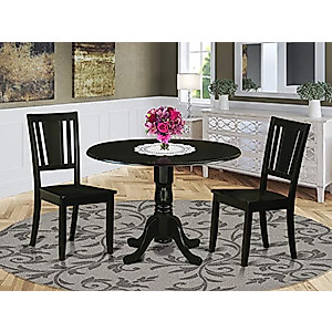 East West Furniture Dublin 3 Piece Kitchen Set for Small Spaces Contains a Round Dining Room Table with Dropleaf and 2 Solid Wood Seat Chairs, 42x42 Inch, Black