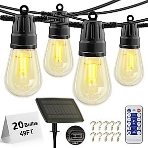 YSJ Solar String Lights Outdoor Waterproof,49FT 20 Bulb Solar Outdoor String Lights,Solar Powered Outdoor String Lights with USB-C Port and Remote Control,Camping Decoration Garden (Black)