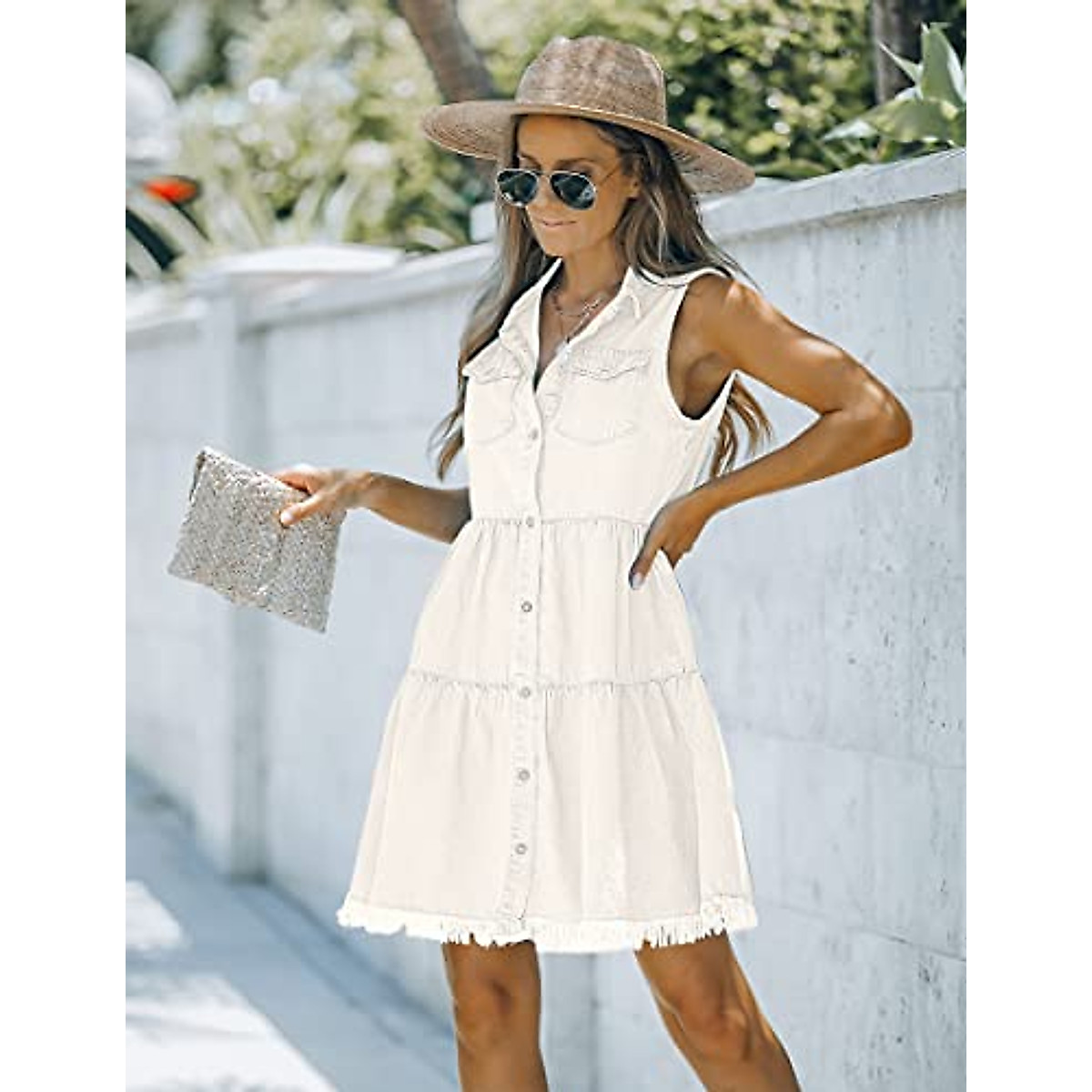 luvamia Women's Casual Summer Lapel Sleeveless Button Down Short Denim Jean Dress Denim Dress Women's White Plus Size Dresses for Women Brilliant White Size Xx-Large Fits Size 20 Size 22