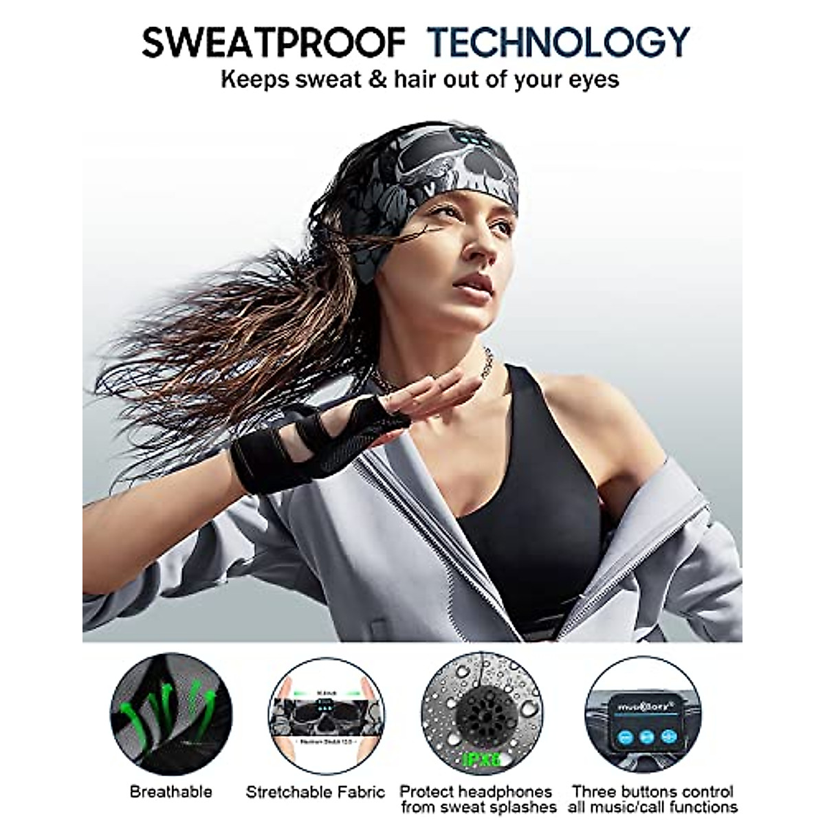 MUSICOZY Sleep Headphones Bluetooth Headband, Wireless Sleeping Headphones Music Sport Headbands, Long Time Play Sleeping Headsets Built-in Thin Speakers, Skulls Design for Sleeping Yogo