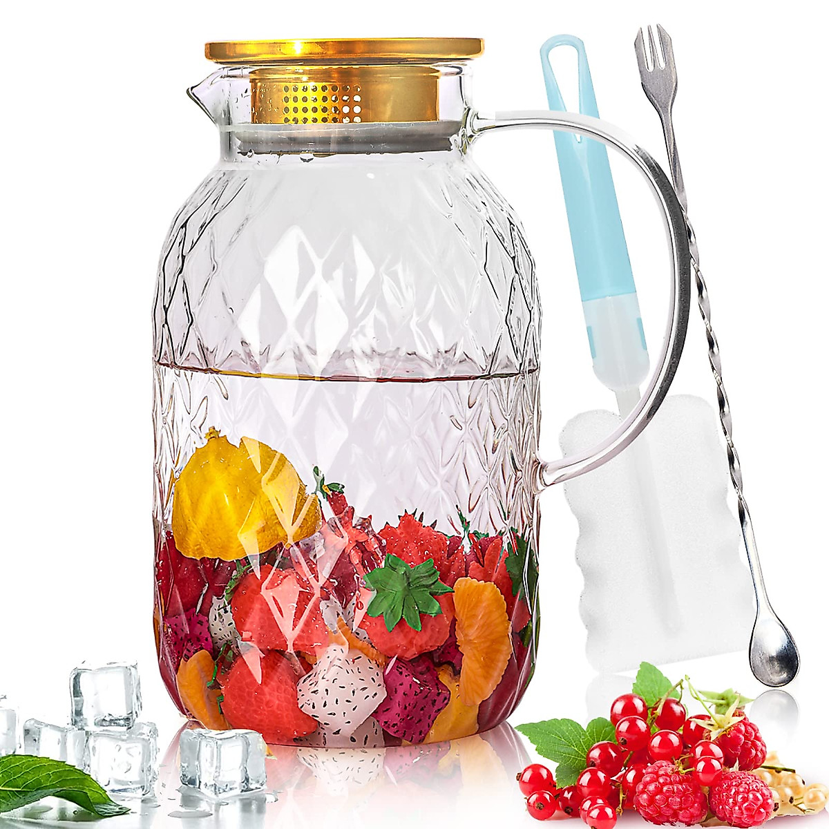 Glass Pitcher,68 oz / 2 Liter Glass Pitcher with Lid,Iced Tea Pitcher,Glass Water Pitcher,1.76qt Drink Pitcher with Lid,Glass Water Jug