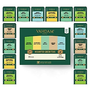 VAHDAM, Assorted Green Tea Sampler Gift Set (5 Flavors, 4 Tea Bags Each) Gluten Free Tea Variety Pack - Long Leaf Pyramid Green Tea Bags Variety Pack | Gifts For Him/Her | Gifts for Women & Men