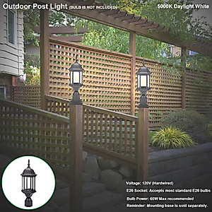 LIT-PaTH Outdoor Post Lighting Fixture Pole Lantern, E26 Medium Base Max 60W, Aluminum Housing Plus Glass, 1-Pack, Black Finish