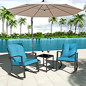 RTDTD 3 Piece Outdoor Rocking Chairs Patio Bistro Sets Modern Patio Furniture Set Conversation Sets with Coffee Table & 2 Blue Thickened Cushions for Garden, Pool, Backyard