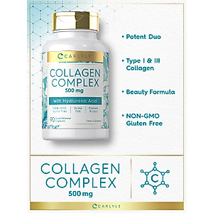Carlyle Collagen Pills with Hyaluronic Acid 500mg | 90 Capsules | Hydrolyzed Collagen Supplement | Non-GMO, Gluten Free