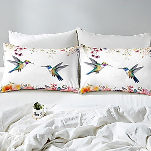 Hummingbird Bedding Set Full Size Tropical Birds Comforter Cover Set Hummingbird Flowers Duvet Cover Breathable Farmhouse Garden Bedspread Cover Room Decor Blossoming Iris Flowers Quilt Cover