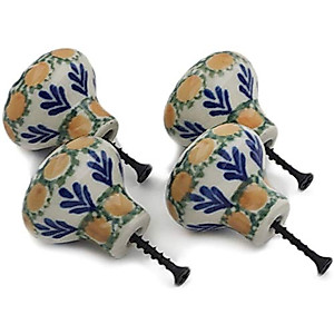 Polish Pottery Set of 4 Drawer Pull Knobs 1-1/2 inch Made by Ceramika Artystyczna (Autumn Wheatfields Theme) + Certificate of Authenticity