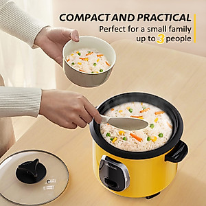 Rice Cooker Small 6 Cups Cooked (3 Cups Uncooked), 1.5L Mini Rice Cooker with Steamer For 1-3 people, Removable Nonstick Pot, Keep Warm Function, Rice Maker for Soup Stew Oatmeal Veggie Hot Pot, Yellow
