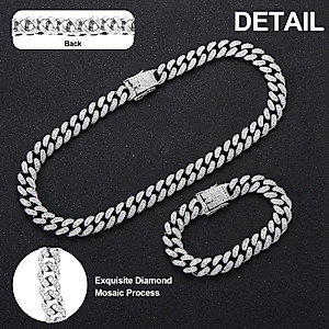 Mens Chains Diamond Cuban Link Chain Necklace Bracelets Set for Men Women Bling Bling Hip Hop Jewelry (Silver 20IN)