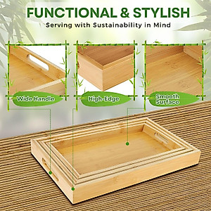 Flexzion Bamboo Trays for Serving Food - 3 Pack Bamboo Wooden Serving Trays with Handles - Rectangular Bamboo Food Tray Set (Large, Medium, Small) for Breakfast, Lunch, Dinner, Snack, Party, Bed