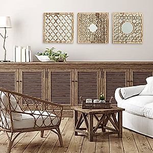 WHW Whole House Worlds Hamptons Lattice Framed Mirrors, Set of 3, Square Panels, Brilliant Reflective Glass, Rustic Wood Grain, MDF, 11.75 x 11.75 Inches