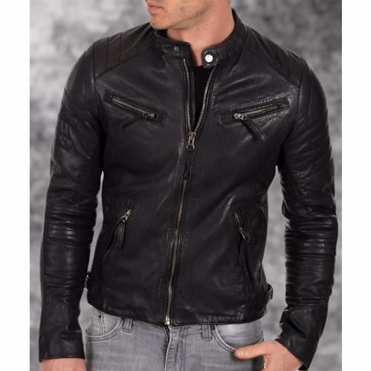 DECIMAL Men's Black & BROWN Genuine Lambskin Leather Biker Jacket VINTAGE REAL MOTORCYCLE JACKETS FOR MEN (L, BLACK)