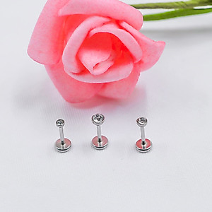 FLOGWE Implant Grade Titanium Lip Stud Rings 20G 6mm Barbell Threadless Push-in Flat Back Nose Stud Ring Earring Stud CZ 2mm 2.5mm 3mm Piercing Jewelry