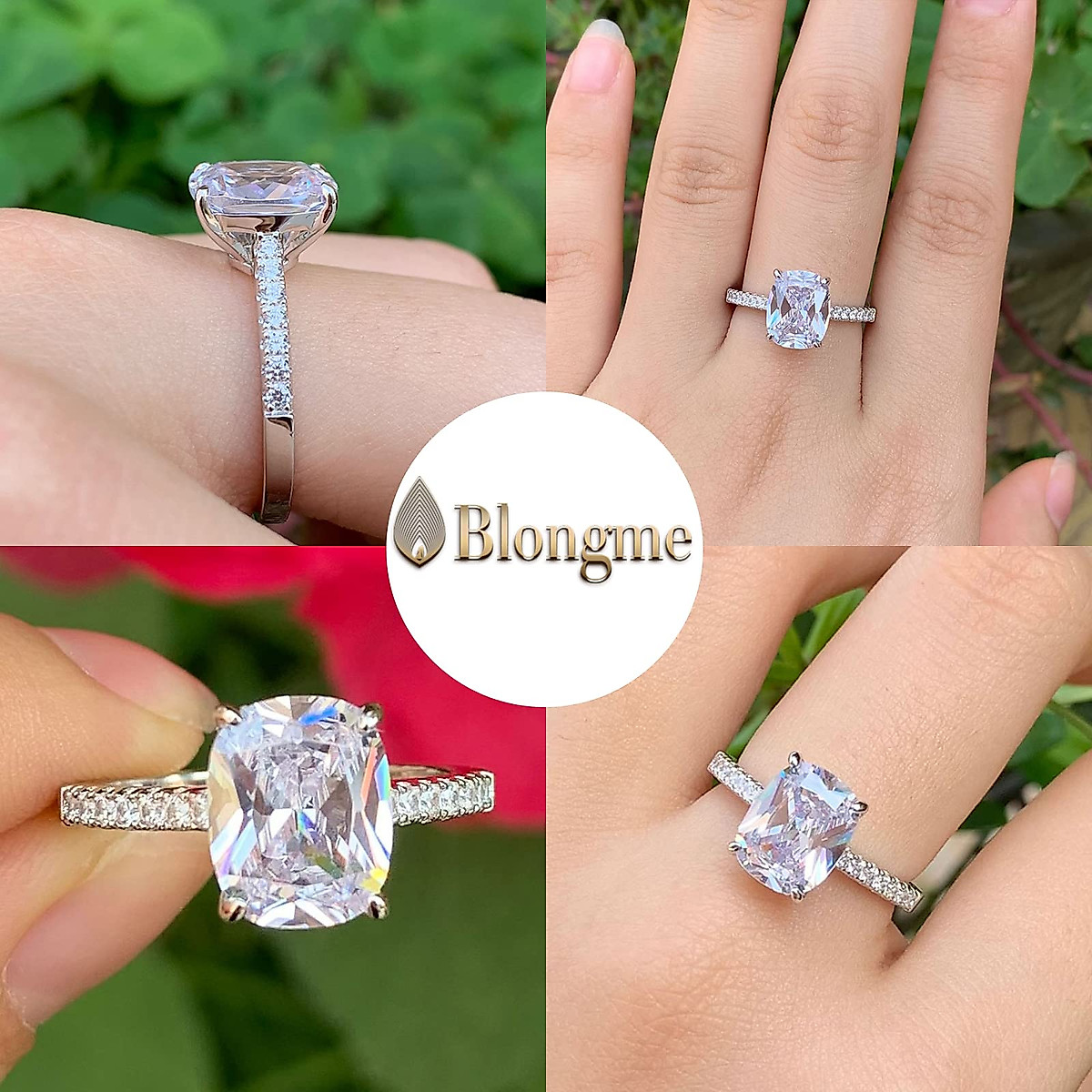 Blongme 3.5CT Engagement Rings Cushion Cut Cubic Zirconia CZ 925 Sterling Silver Wedding Promise Rings for Her Wedding Bands for Women Size 10